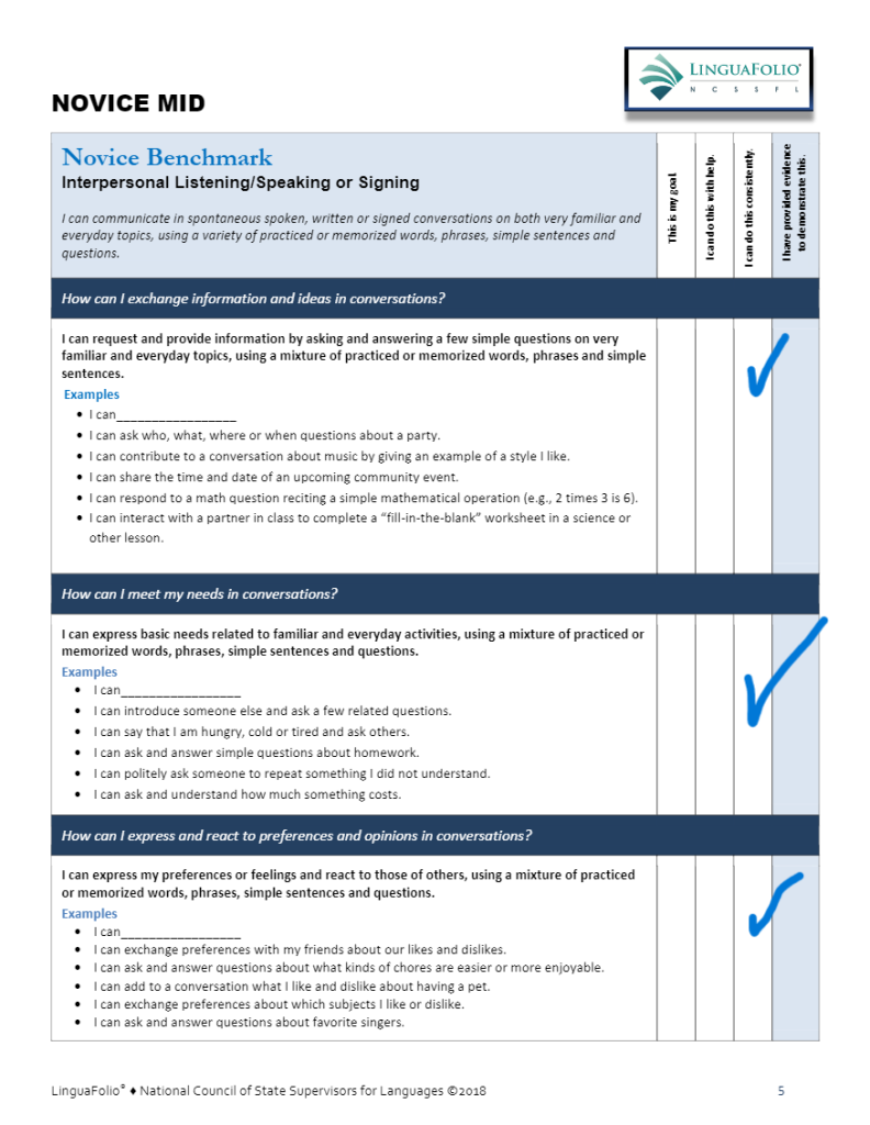 Can-Do Statement – Spanish Portfolio